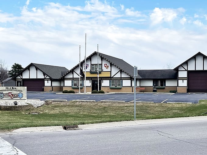 Swiss-style architecture makes even police business seem more pleasant. The Tudor styling says "quaint village" more than "traffic tickets."