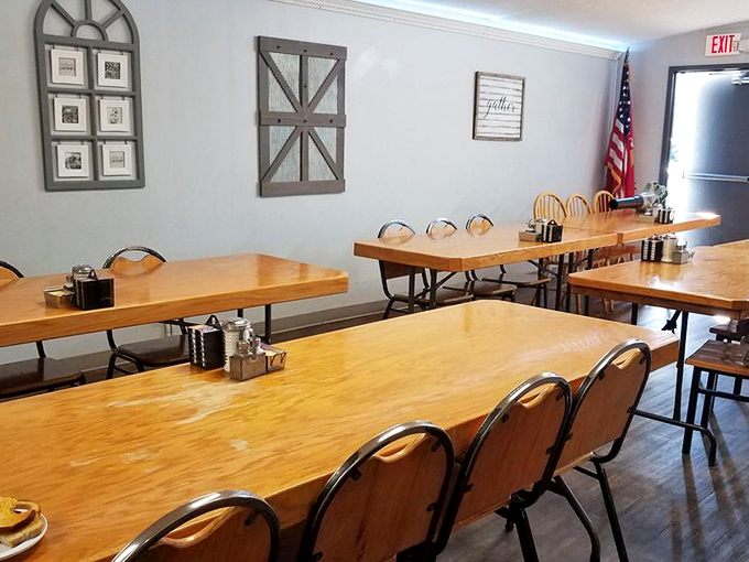 Simple wooden tables await hungry patrons in this no-frills dining area. Sometimes the best meals happen where Instagram isn't the priority.