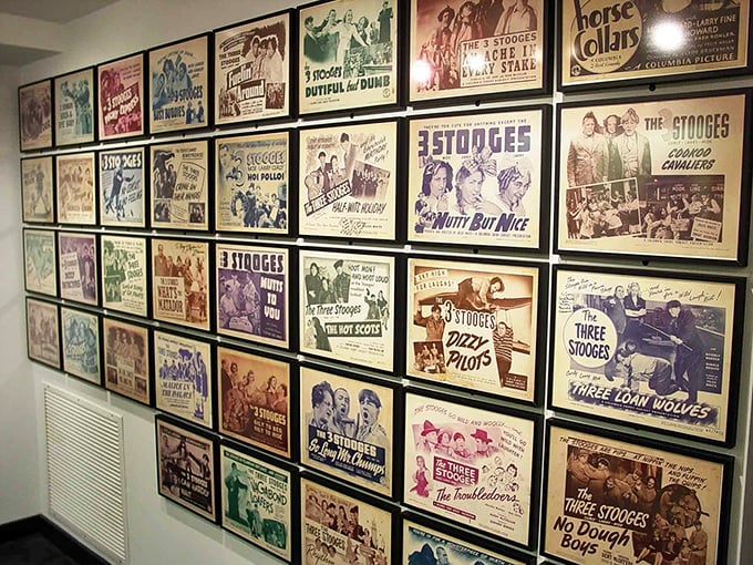 This wall of promotional posters reads like a master class in mid-century movie marketing – each one promising audiences the zaniest entertainment imaginable.