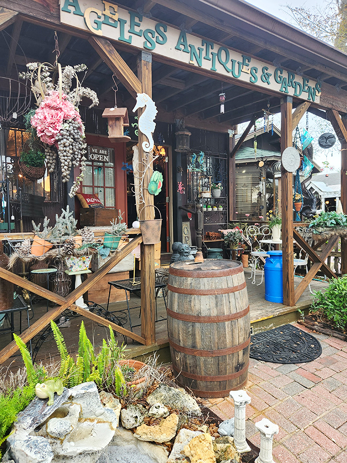 Ageless Antiques & Garden transforms treasure hunting into an outdoor adventure, where garden ornaments and vintage finds spill onto rustic porches.