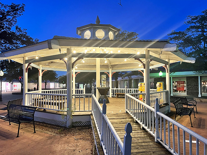 A gazebo stands sentinel over the shopping village, offering weary bargain hunters a moment's rest.