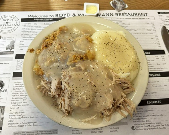 A plate that defines abundance: tender turkey smothered in gravy alongside mashed potatoes that could make a carb-counter weep with joy.