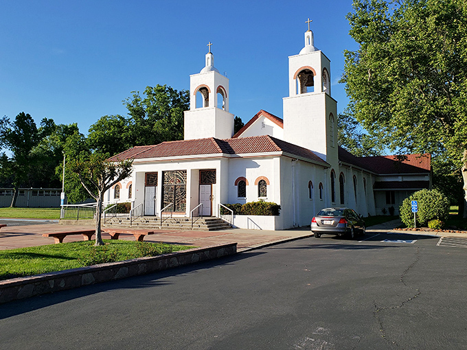 Sacred Heart Parish stands as a spiritual landmark, its twin bell towers reaching skyward like a celestial WiFi signal for the soul.