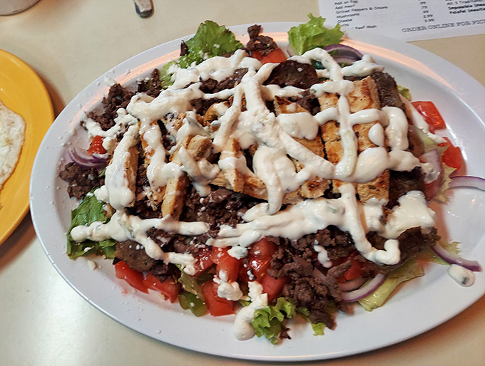 A salad that doesn't apologize for being delicious. Protein, veggies, and dressing applied with the confidence of experience.