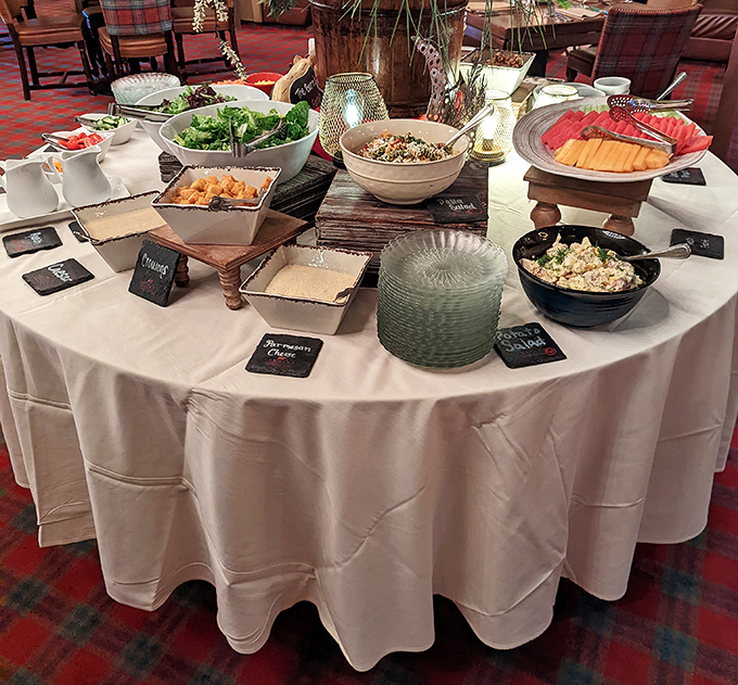 A buffet spread that demands strategy: reconnaissance lap first, then tactical plate-loading to maximize variety without architectural collapse.