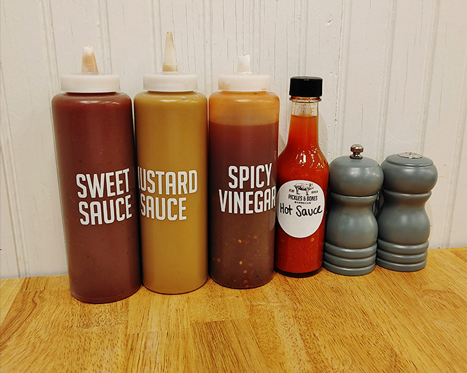 The sauce lineup&mdash;because sometimes you want options, even when the meat is perfect on its own.