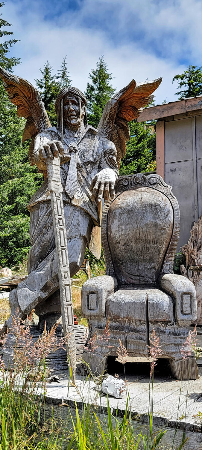 Guardian of the roadside gallery, this winged figure offers both protection and excellent photo opportunities for passing travelers.
