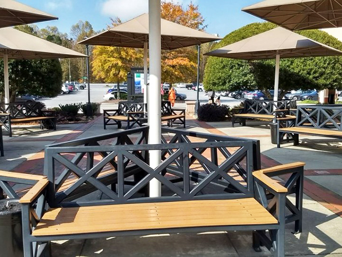 Strategic rest areas with shade &ndash; because marathon shopping requires proper hydration and occasional sitting breaks.
