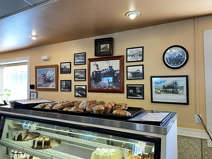 Fresh-baked bread and cakes on display &ndash; because calories consumed while admiring historical photos on the wall don't count.