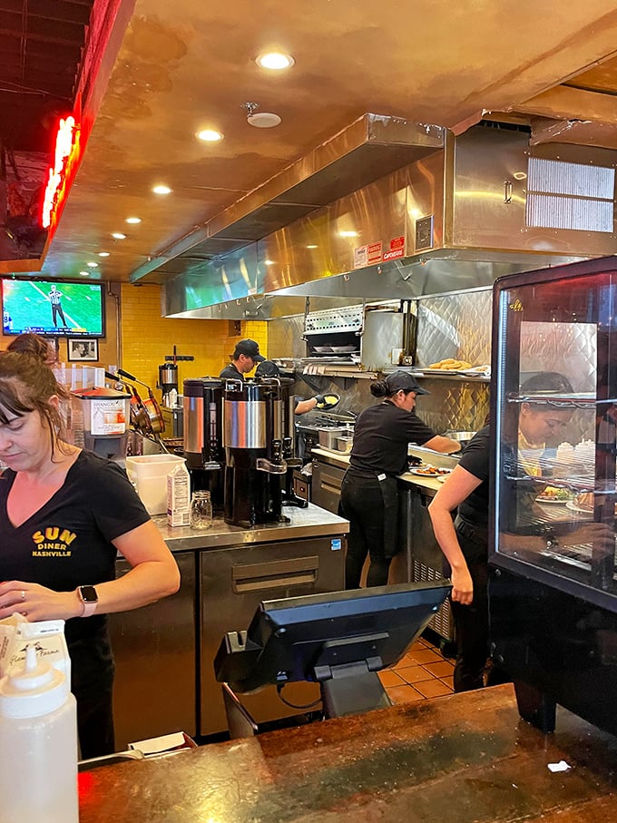 Where the magic happens &ndash; coffee brewing while cooks orchestrate breakfast symphonies behind the counter.