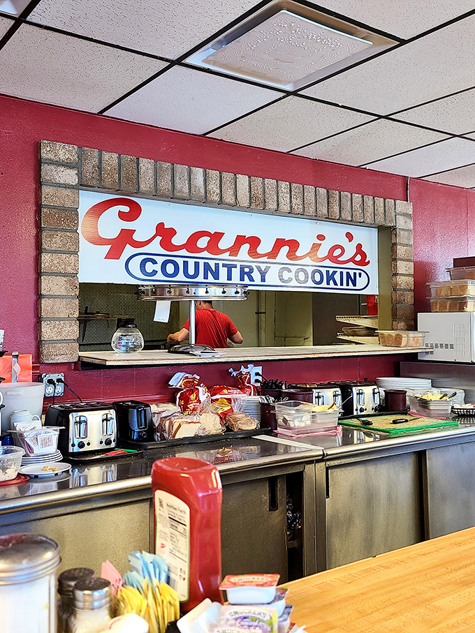 Behind this pass-through window, breakfast dreams become reality. The red walls aren't just decor&mdash;they're a warning: flavor alert ahead!