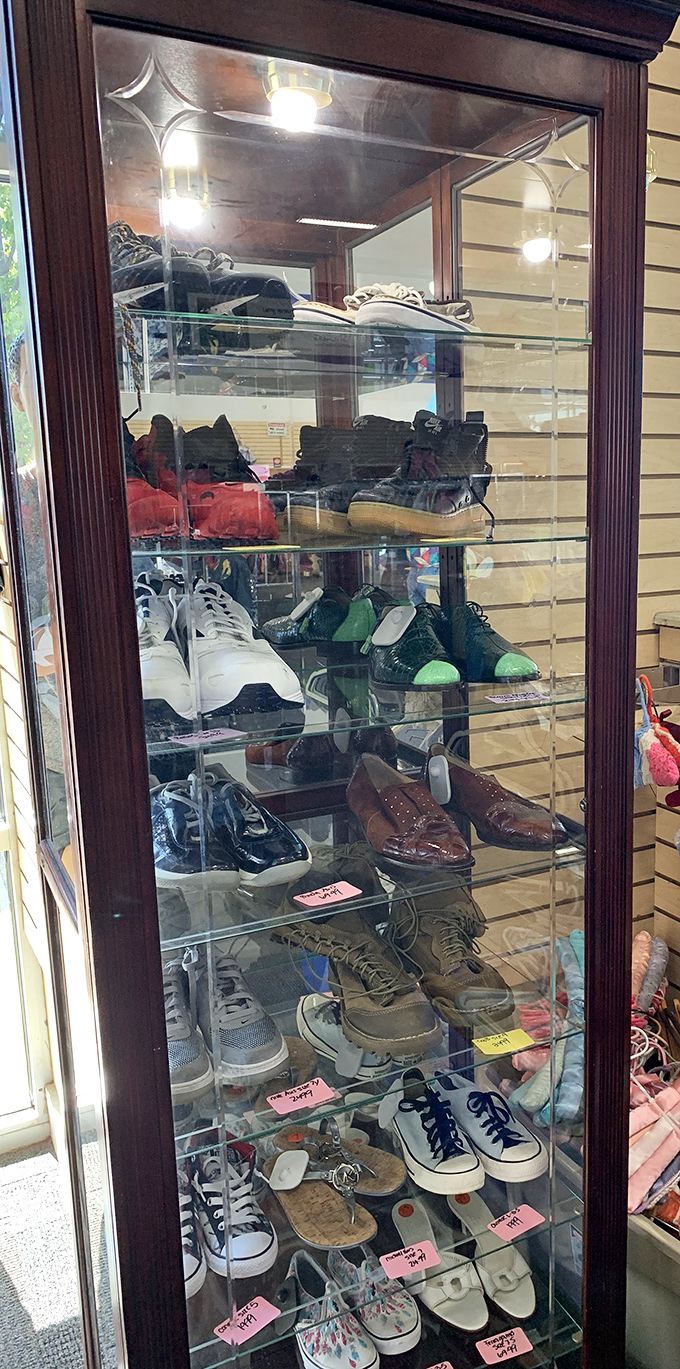 This glass cabinet showcases footwear for every occasion&mdash;from those pristine white sneakers to those brown loafers perfect for job interviews.