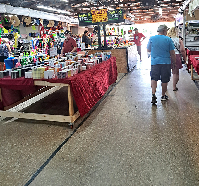 Market explorers navigate the indoor stalls, where red tablecloths signal treasures ahead and every turn promises new discoveries.