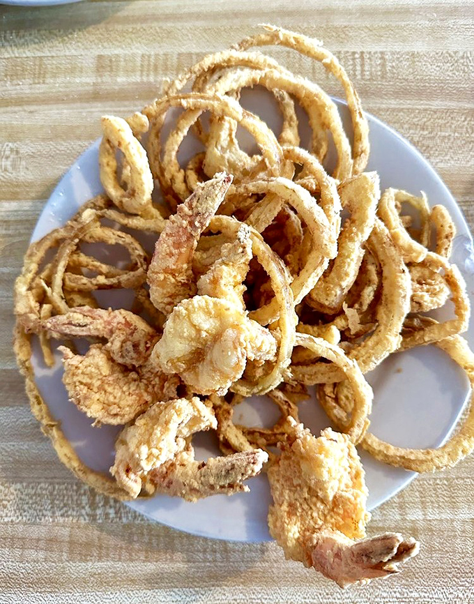 The shrimp boat has arrived, and those onion rings are the perfect first mates for this voyage.