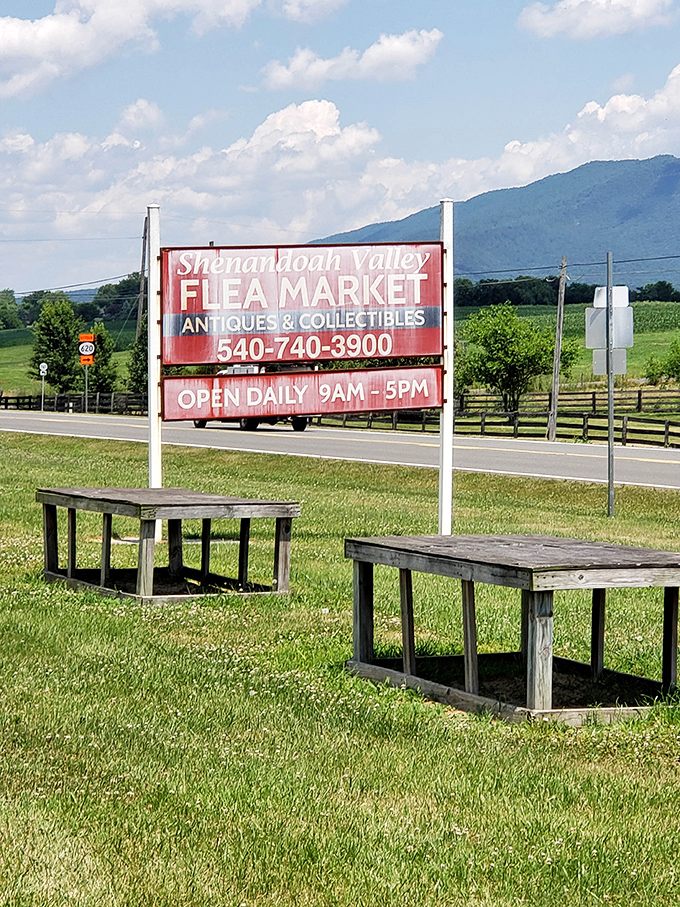 The iconic sign against the backdrop of the Blue Ridge Mountains. This roadside beacon has guided treasure hunters for years.