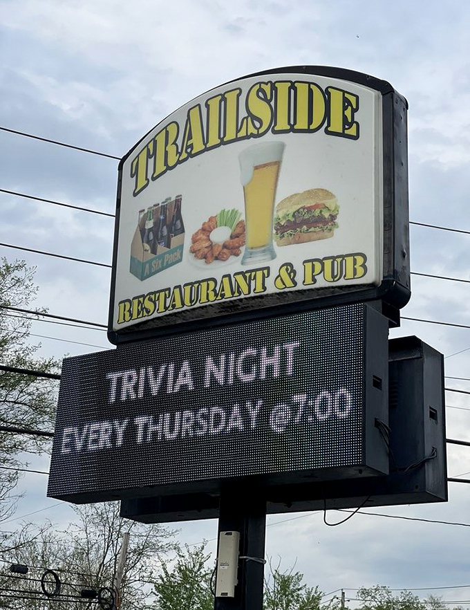 The sign announces "Trivia Night" as if to say, "Yes, we feed your body, but your brain deserves a workout too!"