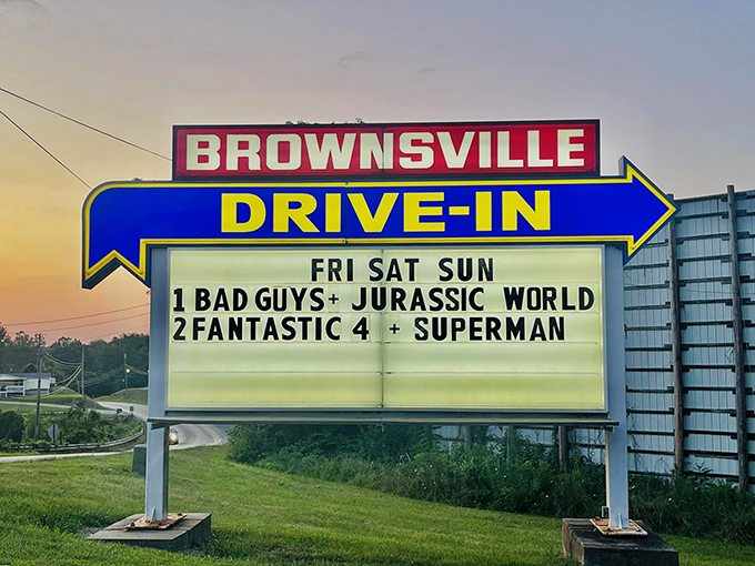 The marquee at dusk&mdash;announcing double features with the same excitement as when drive-ins were America's premier date night destination.
