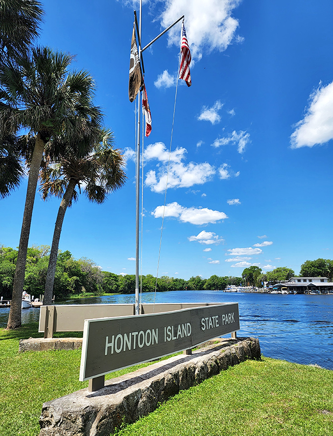 Island pride on display with flags fluttering against a perfect Florida sky&mdash;nature's own welcome committee.