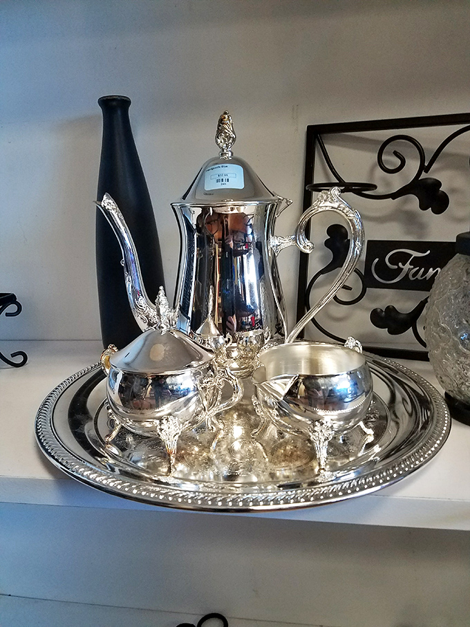 Silver tea service fit for Downtown Abbey but priced for downtown Salem. Pour your morning coffee from this and instantly feel 30% fancier.