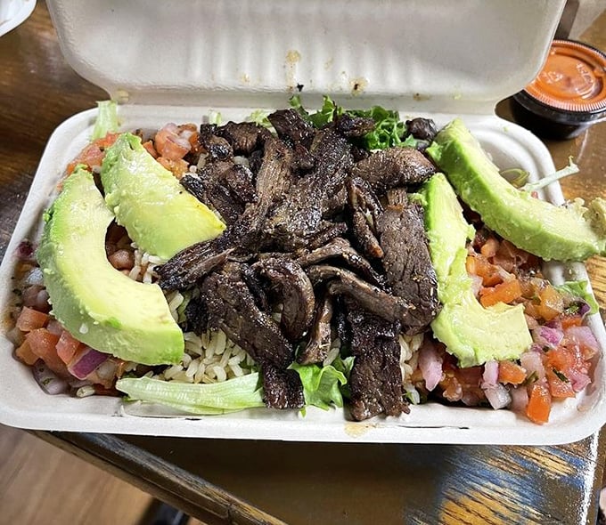 Steak and avocado &ndash; nature's perfect partnership &ndash; lounging on a bed of rice like they own the place. And they do.
