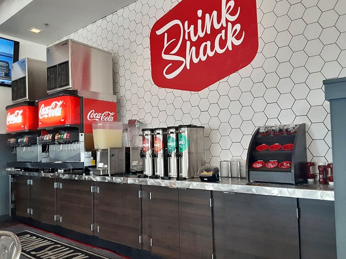 The "Drink Shack" isn't just a beverage station&mdash;it's hydration headquarters where your perfect chicken pairing awaits in fizzy, sweet glory.
