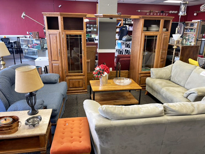 Living room sets arranged like a furniture showroom from another era. That coral patterned sofa has hosted conversations from Nixon to Netflix.