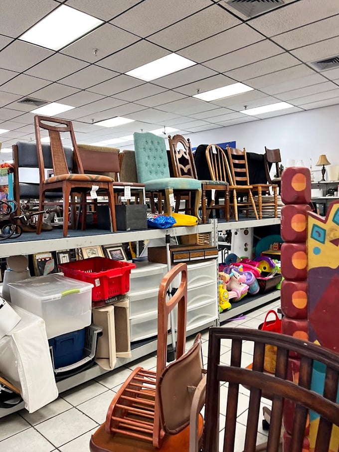 Chair-mageddon: where mid-century meets modern meets "my grandmother had that exact rocker." Furniture with personality and previous lives.