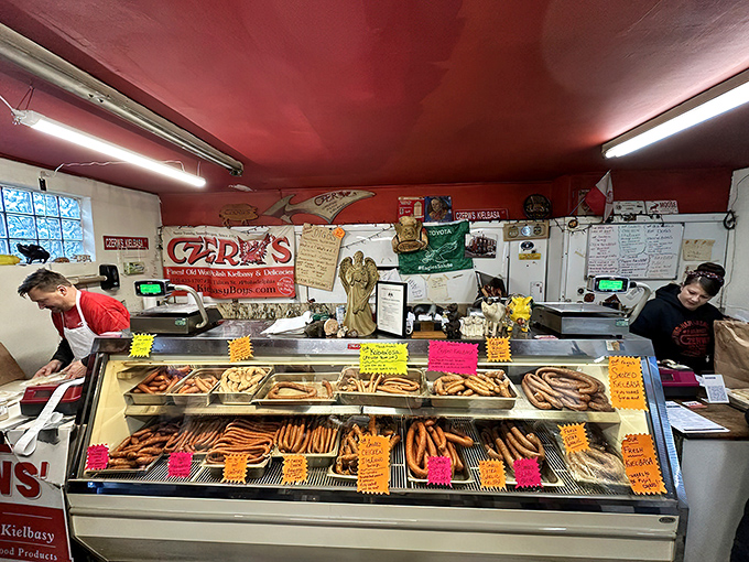 The smokehouse&mdash;where magic happens. Rows of fresh kielbasa waiting to be transformed by time, smoke, and generations of expertise.