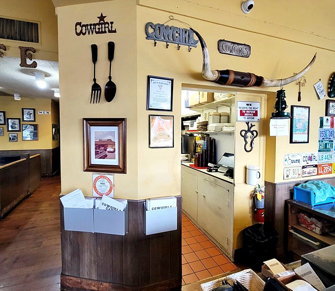 Western-themed decor elements create authentic charm &ndash; those giant utensils aren't compensating for anything, they're celebrating everything.