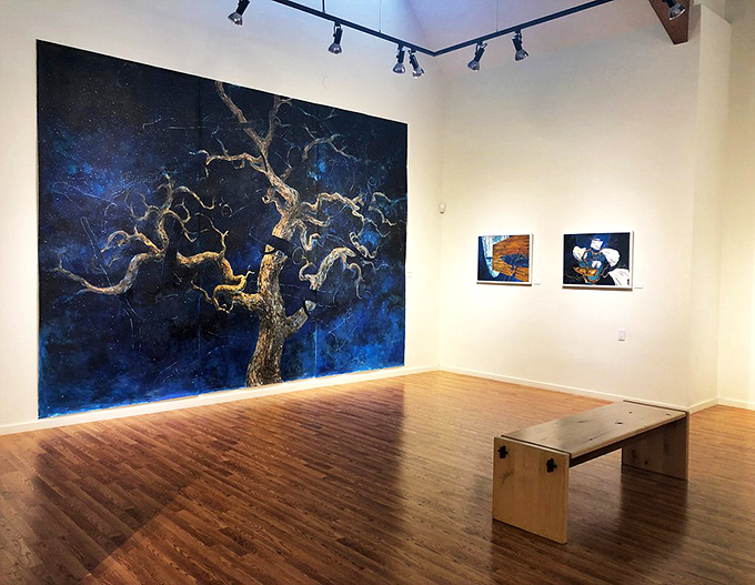 This massive tree painting against midnight blue captures California's ancient oaks in their most mystical, dream-like state.