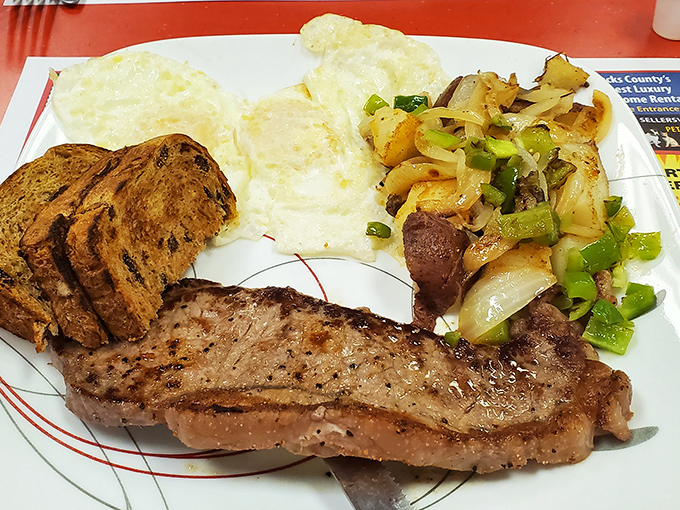 Steak and eggs: the breakfast of champions who plan to skip lunch, nap at 2pm, and regret nothing.