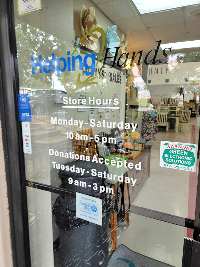 The storefront reveals the magic hours&mdash;10am to 5pm, six days a week&mdash;when bargain hunters can pursue their passion for previously-loved treasures.