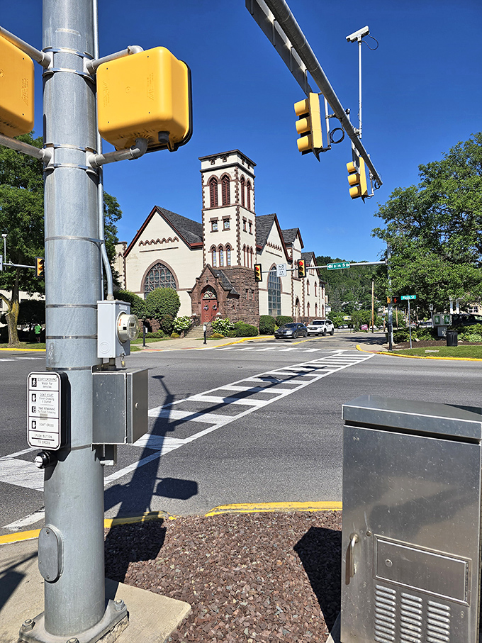 This stately church stands sentinel at a Wellsboro intersection, its impressive tower reaching skyward like an architectural exclamation point on a perfect blue-sky day.