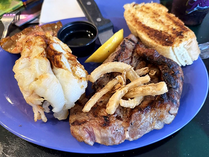 Surf and turf: where land meets sea on a blue plate that somehow makes everything taste even better. Vacation on a plate, Florida-style. 
