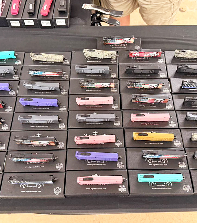 Tactical treasures lined up with military precision. One person's "excessive collection" is another's "just getting started" in the knife world.