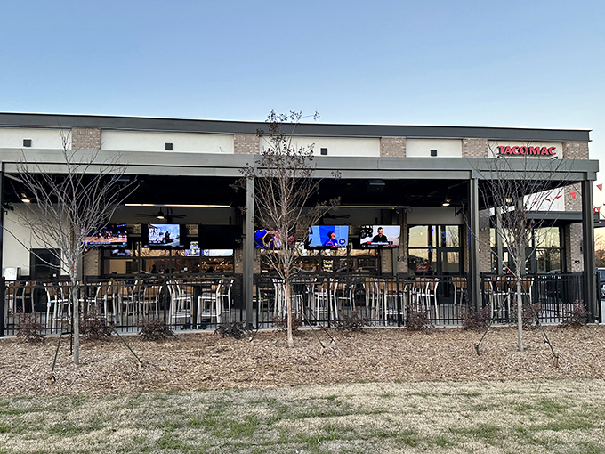 Modern meets historic in this outdoor dining space where you can watch sports on TV while pretending you're culturally sophisticated.