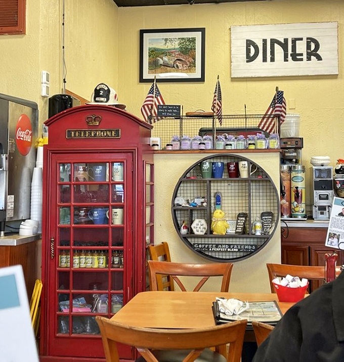 Not just decoration—this British phone booth holds treasures. Doctor Who would approve of this time-traveling diner touch.