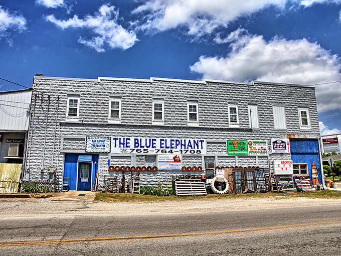 The Blue Elephant's eclectic storefront promises treasures inside that you never knew you needed until you spotted them on a dusty shelf.