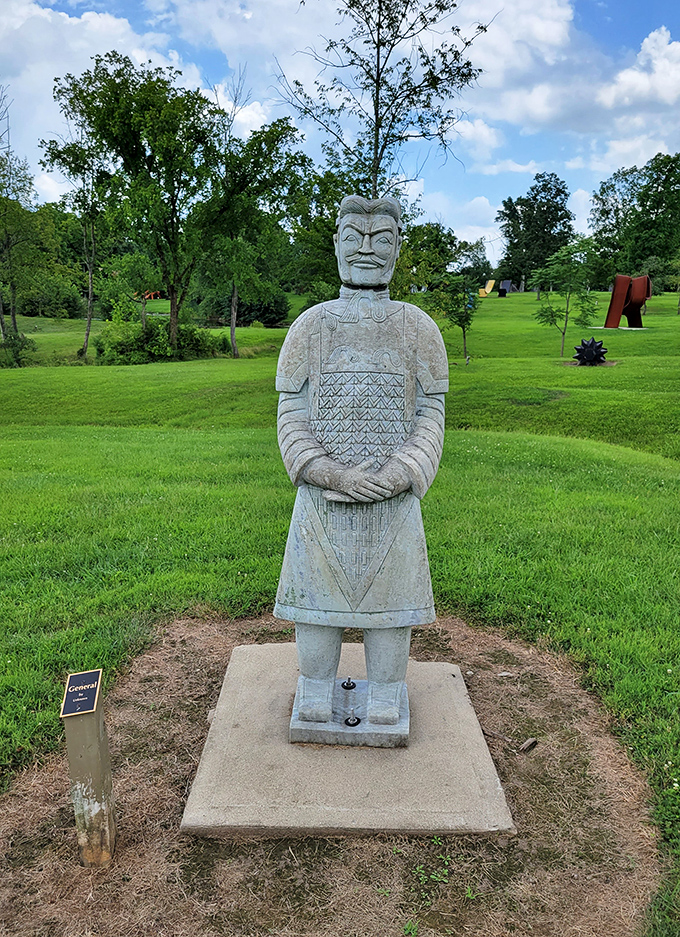 Standing at attention for centuries, this terracotta warrior brings a slice of ancient China to the Ohio countryside, no passport required.