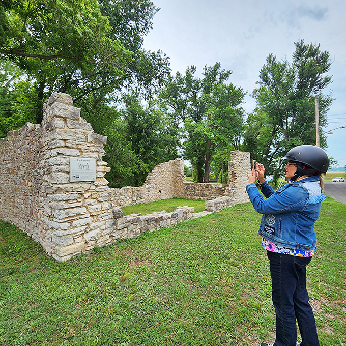 Stone ruins whisper tales of bygone days, standing as silent storytellers along Elsah's scenic landscape.