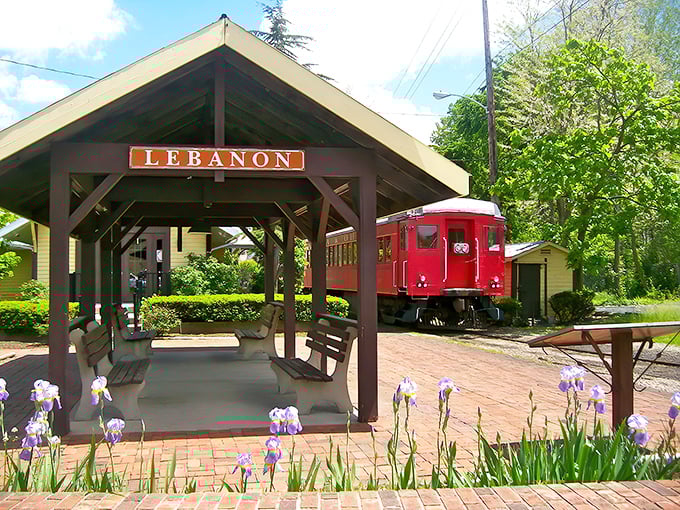 The Lebanon station platform offers a shaded respite for travelers, with its simple wooden benches and vibrant spring iris creating a picturesque waiting area.