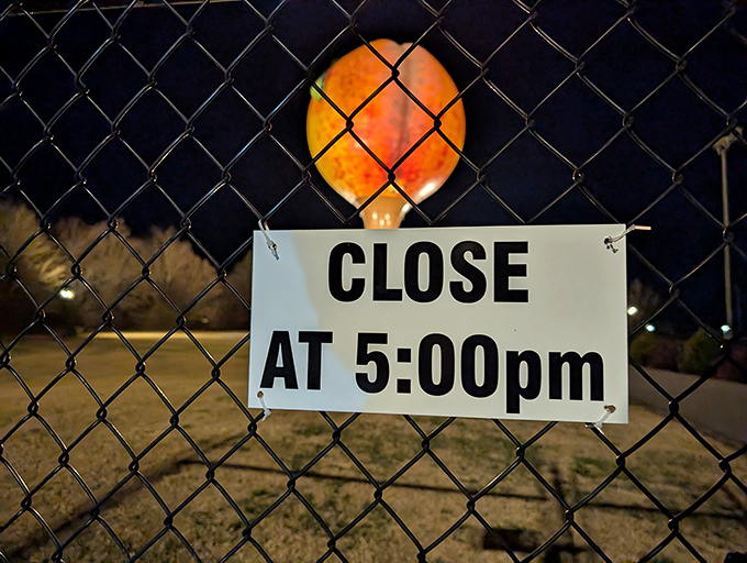 Even at night, the Peachoid stands sentinel, its peachy silhouette visible through the chain-link fence long after closing time.