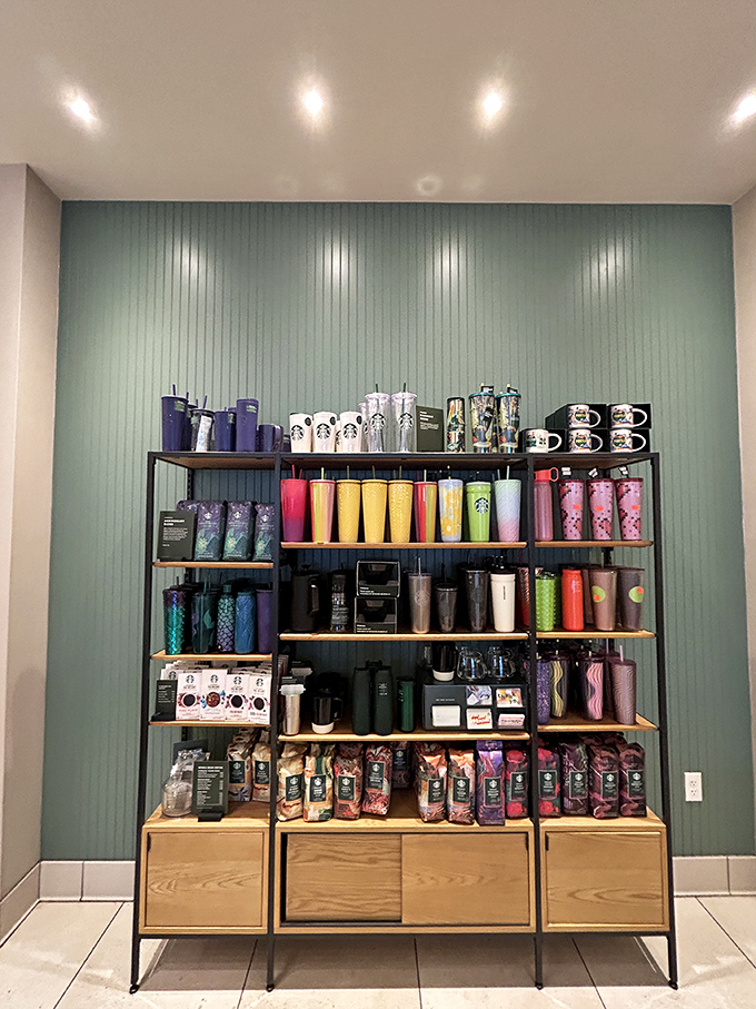 Starbucks tumblers in every color of the caffeinated rainbow. Because saving money on coffee containers means more money for coffee.