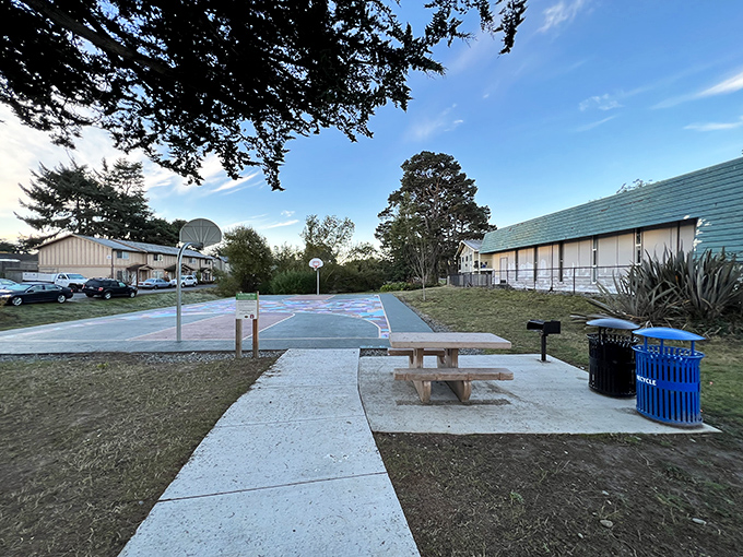 Suburban simplicity: a basketball court and picnic table create a neighborhood gathering spot where memories are made between games.