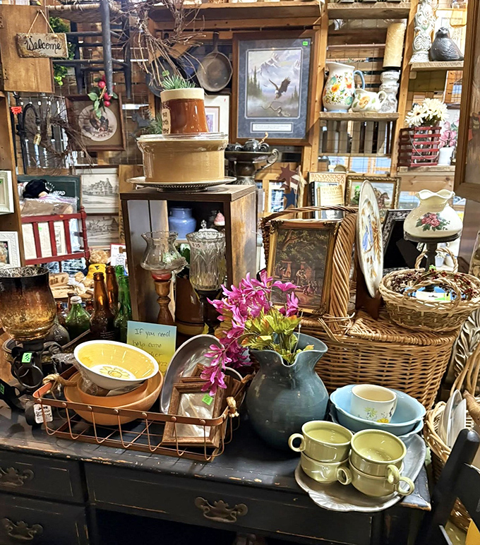 Vintage treasures arranged with loving care create miniature still-life compositions. Each grouping tells a story of domesticity from another era, waiting to be continued.