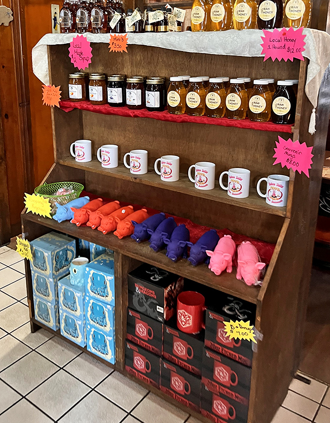 A country store within a restaurant&mdash;local honey, homemade jams, and pig-shaped souvenirs that somehow seem completely necessary after that ham.