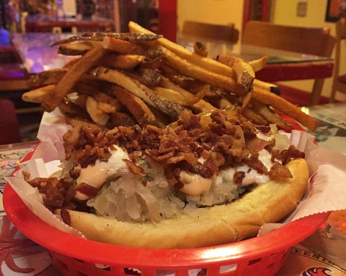 This loaded dog with a side of fries isn't just lunch&mdash;it's an event. The bacon bits add a smoky crunch that makes everything around them better.