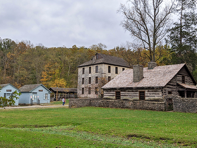 The pioneer village showcases limestone and log structures, where modern visitors can step back into 19th-century Indiana life.