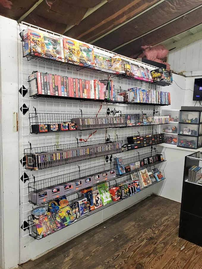 Gaming history lines these walls—from Atari to Nintendo, these cartridges aren't just games but portals to childhood afternoons.