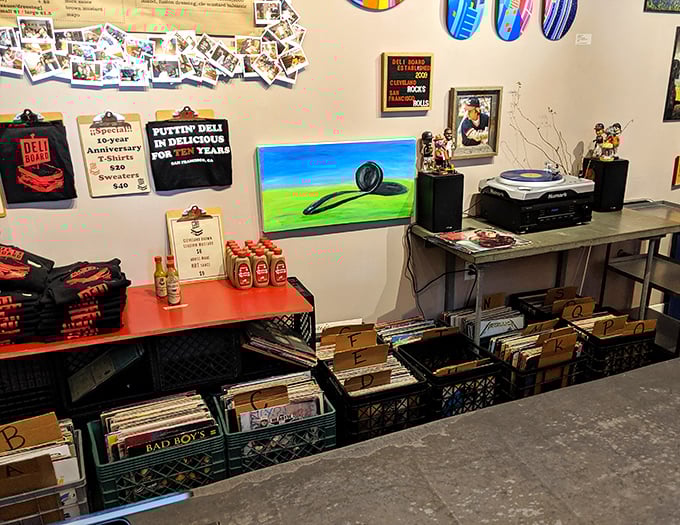 Vinyl records line the shelves, because nothing pairs with a great sandwich quite like classic tunes and nostalgia.